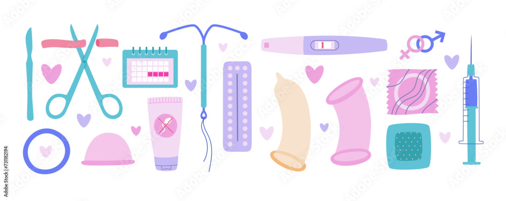 Various types of contraceptive methods. Birth control set. Flat vector ...
