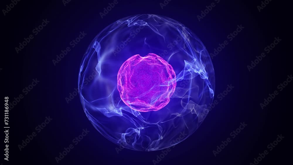 Futuristic abstract 3D soft smoke sphere of a glowing pink-blue atom ...