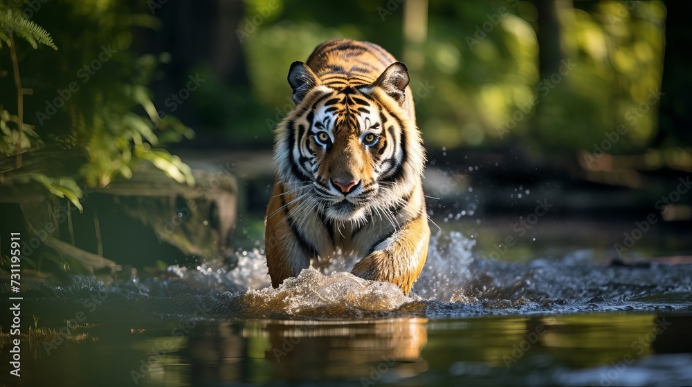 Amur tiger walking in the water. Dangerous animal, taiga, Russia ...