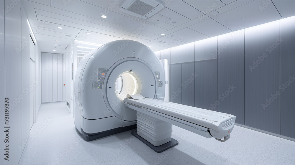 Modern hospital room with an advanced MRI scanner machine and white ...