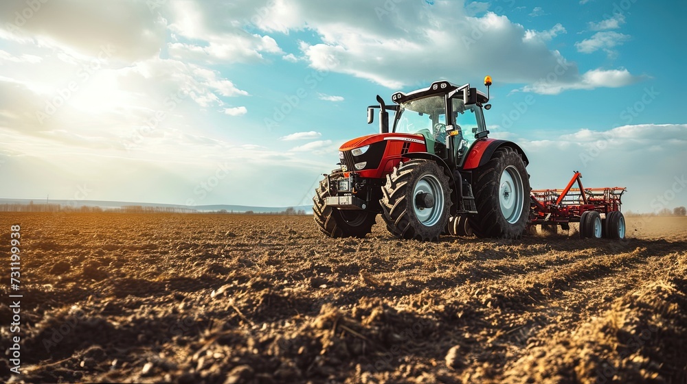 Spring. The tractor is plowing the land. A powerful tractor furrows the ...
