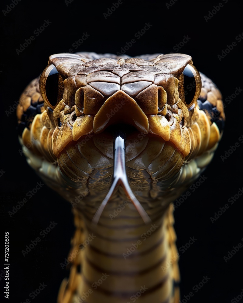 Close-up of the head of a snake on a black background. Intense gaze of ...