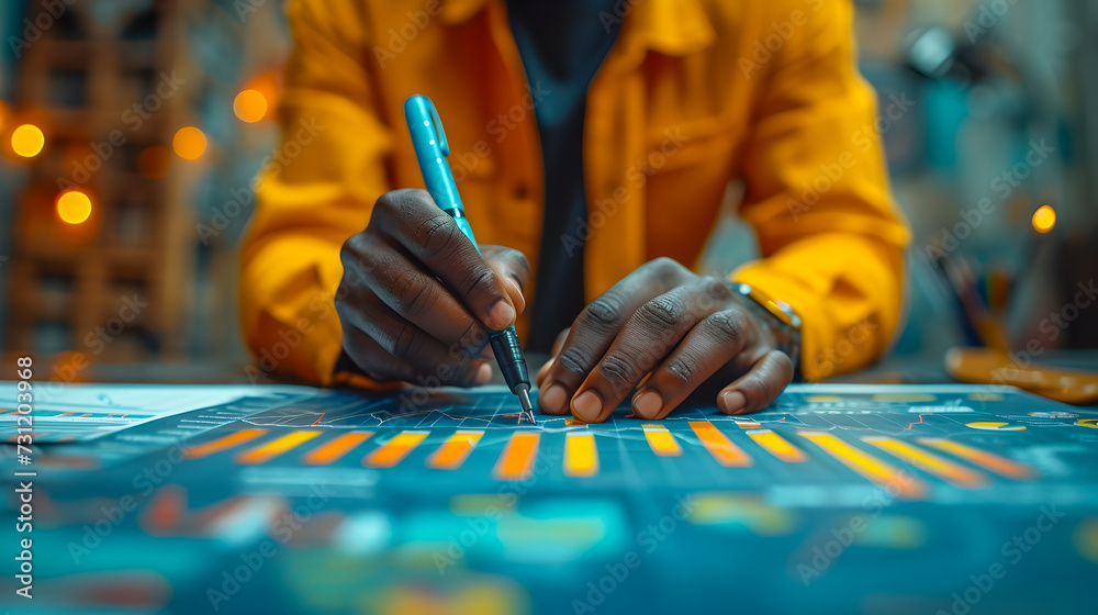Professional Financial Analyst Examining And Annotating Colorful Data