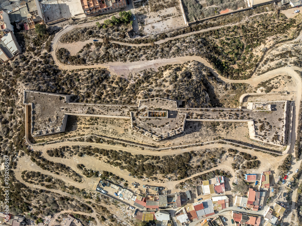 Aerial top down ground plan view of Cerro de los moros, fortified position protecting Cartagena ...