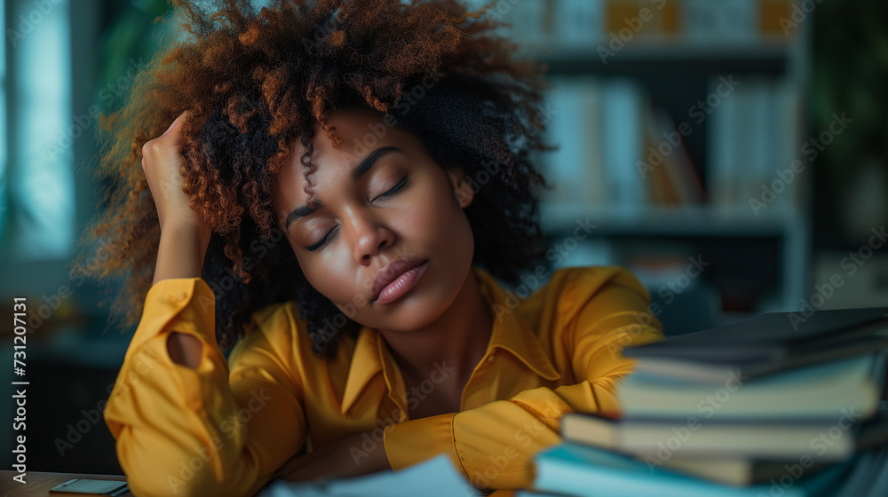 Image of an Afro-haired woman in the office looking very tired and ...