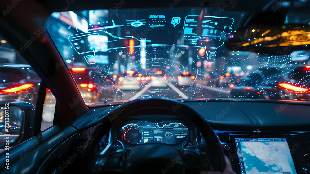 Nighttime Drive Through Busy City Streets with Futuristic HUD AR ...