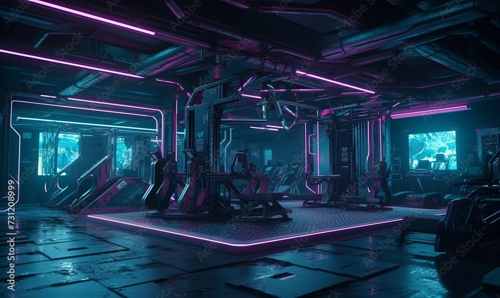Neon gym with treadmills and fitness equipment background. Digital ...