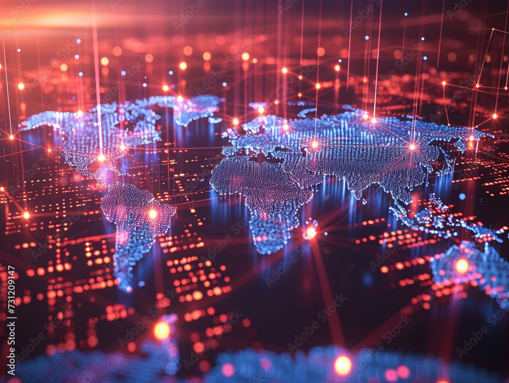 Create an image depicting a 3D digital map of the world, where each ...