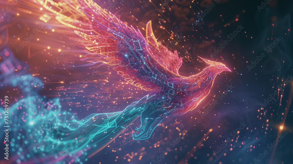 Design an image that portrays a circuit phoenix bird at the pinnacle of ...
