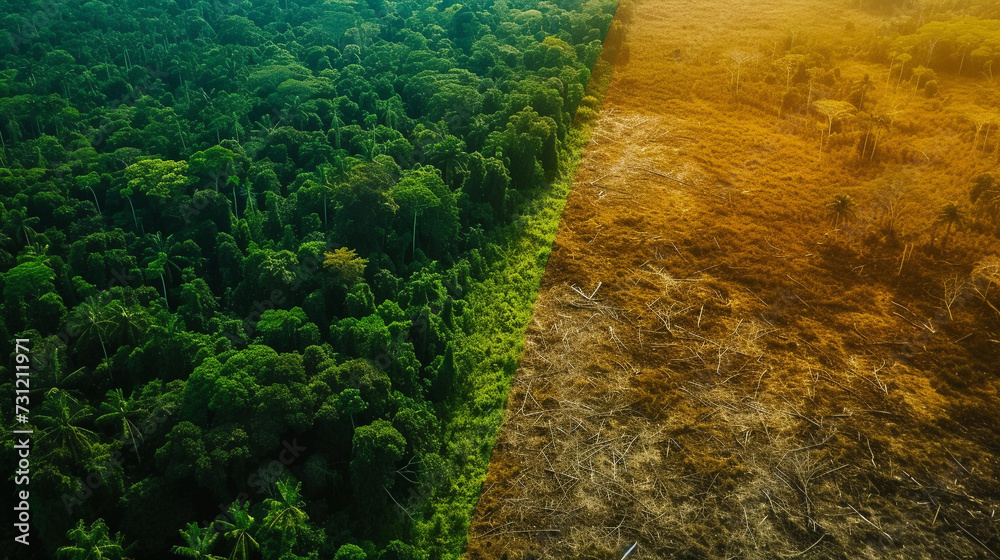 Picture an aerial perspective on deforestation, where the clear ...