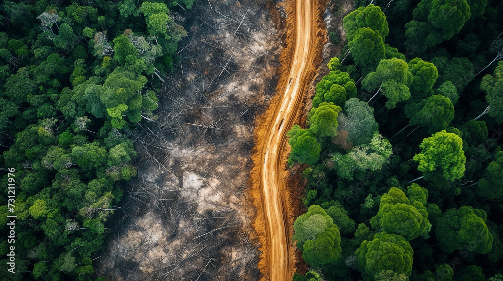 Picture an aerial perspective on deforestation, where the clear ...