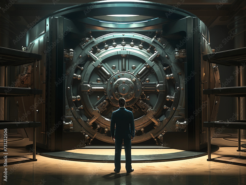 The banker stands in front of the iron door of the vault. Bank vault ...