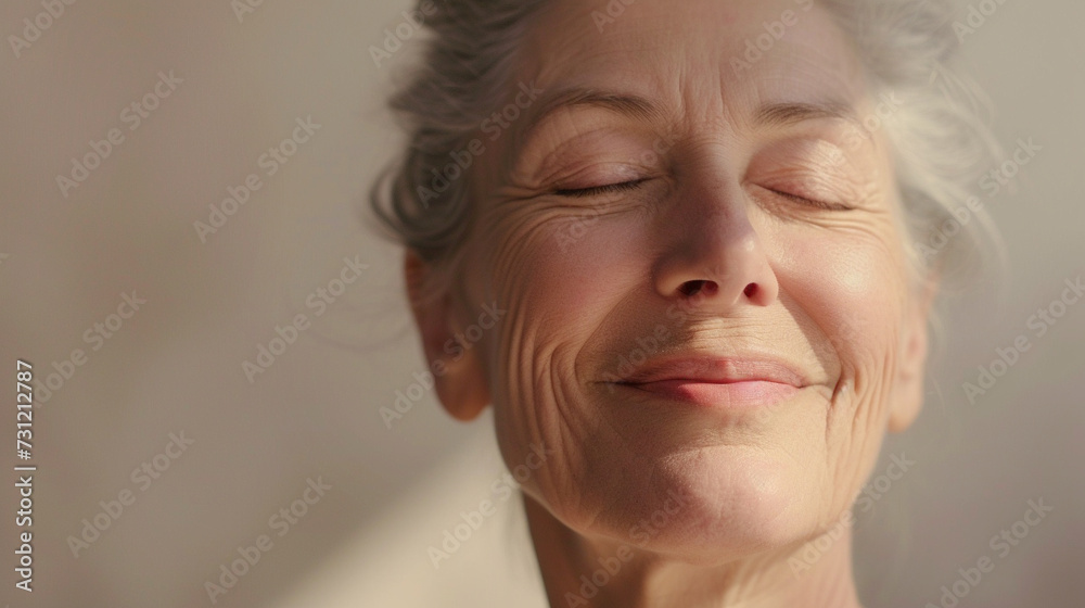 visualize an advertisement featuring a smiling elderly woman, her face ...