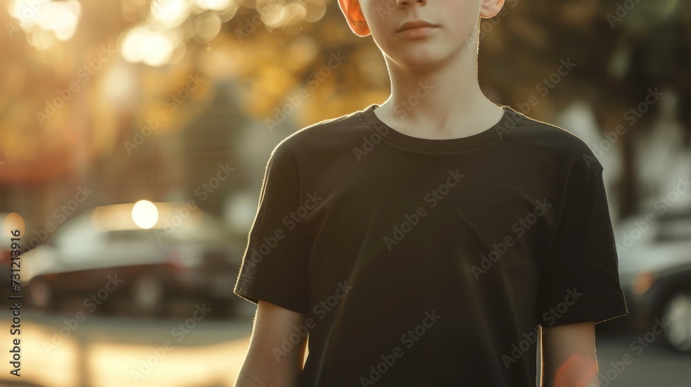 Young boy model wearing black t shirt pose on city street background ...