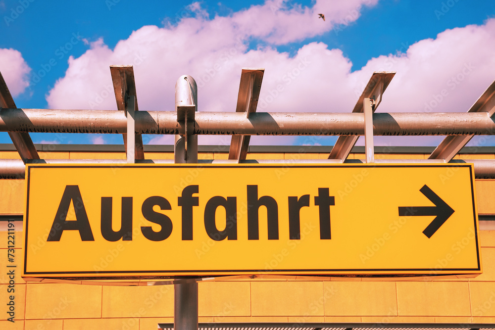 German road sign. Exit sign with an arrow pointing to the right in a ...