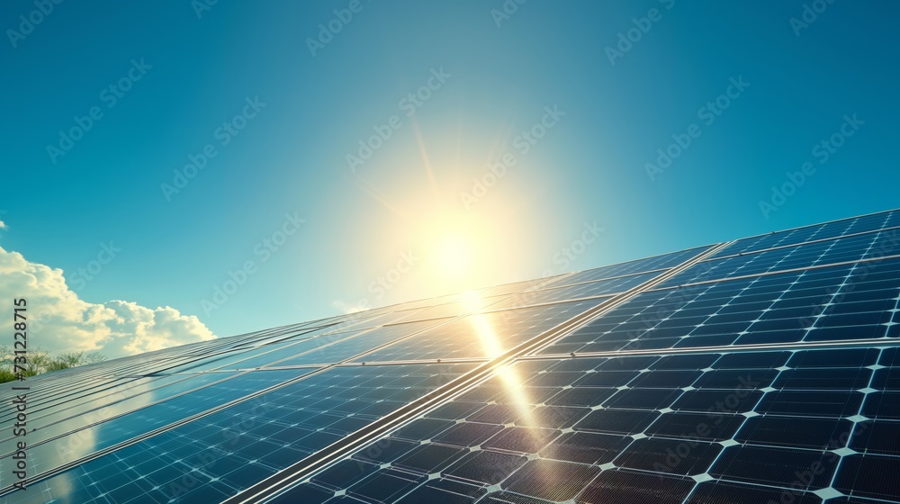 Solar panels under a bright sun with a clear blue sky symbolize ...