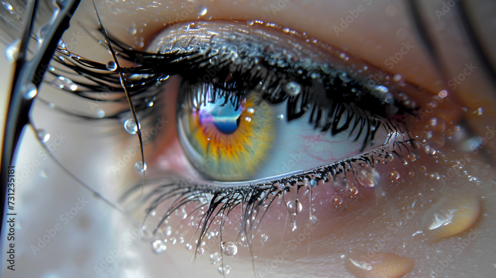 Rainbow eye with water drops or tears on eye lashes. Moist eye close-up ...