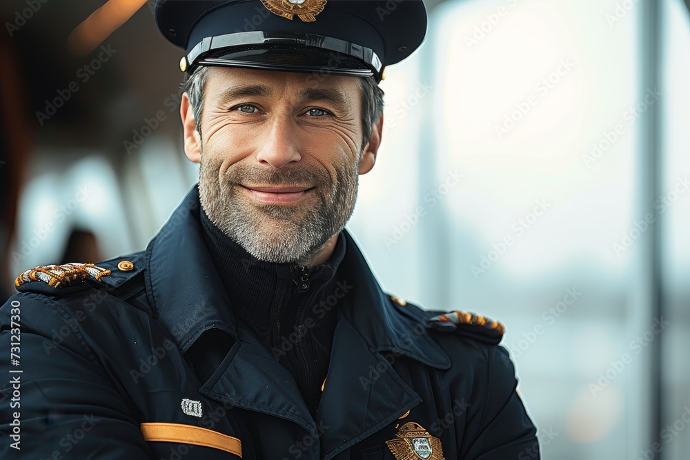 A stern naval officer in a crisp uniform, with a peaked cap and ...