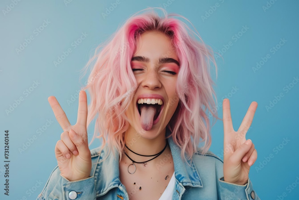 Foto de Young laughing woman with pastel pink hair Sticking out her ...