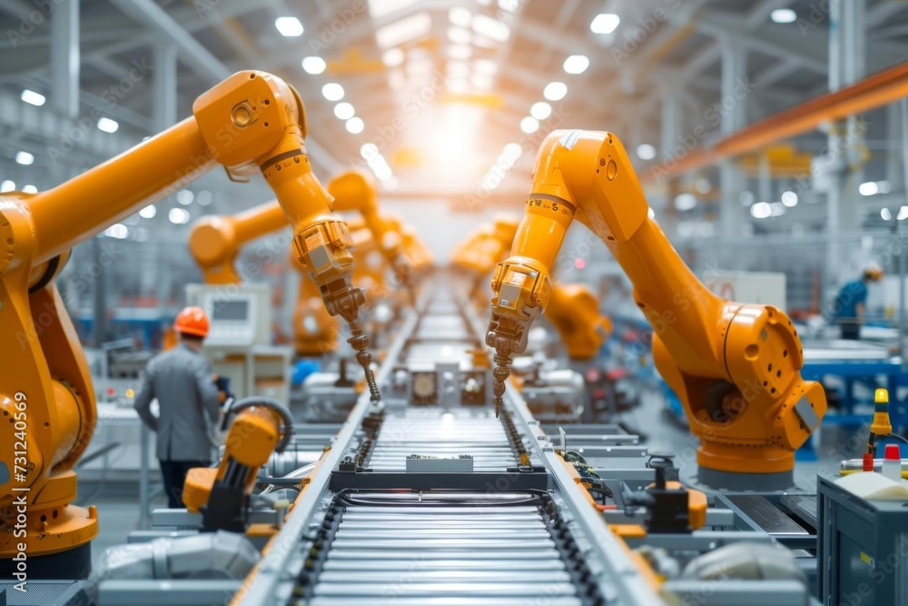 Advanced factory interior showcasing industrial engineers working with automated robot arms in a ...