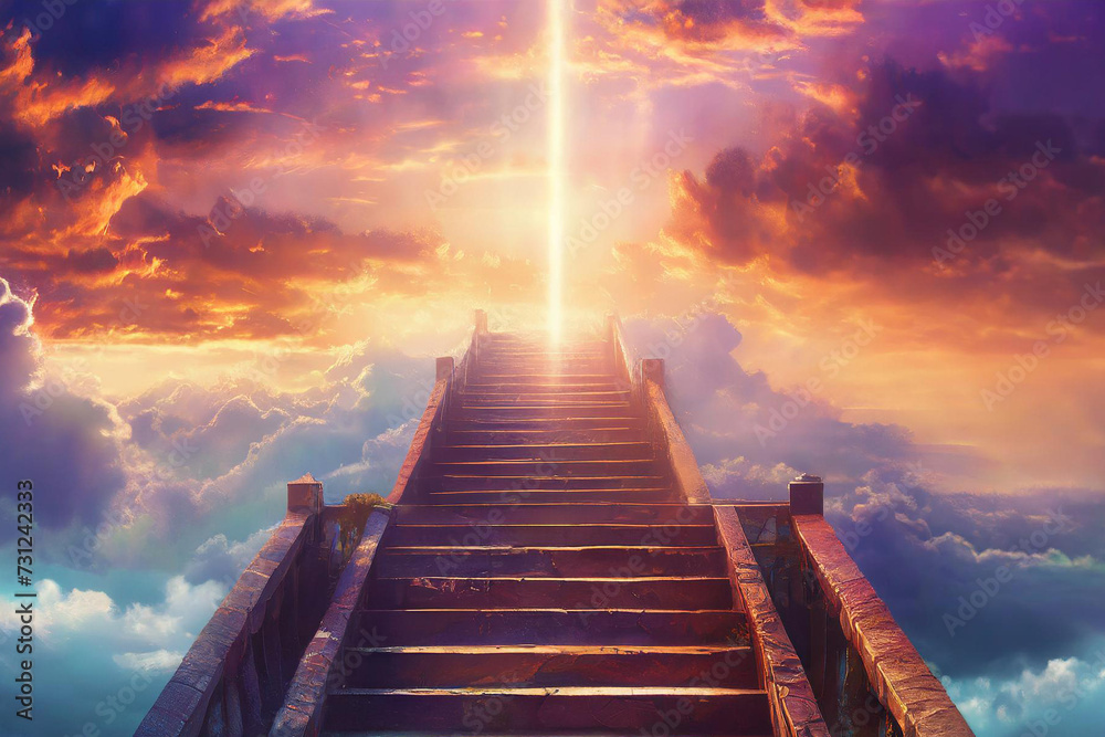 Beautiful religious background.Sunset or sunrise with clouds,stairs to ...