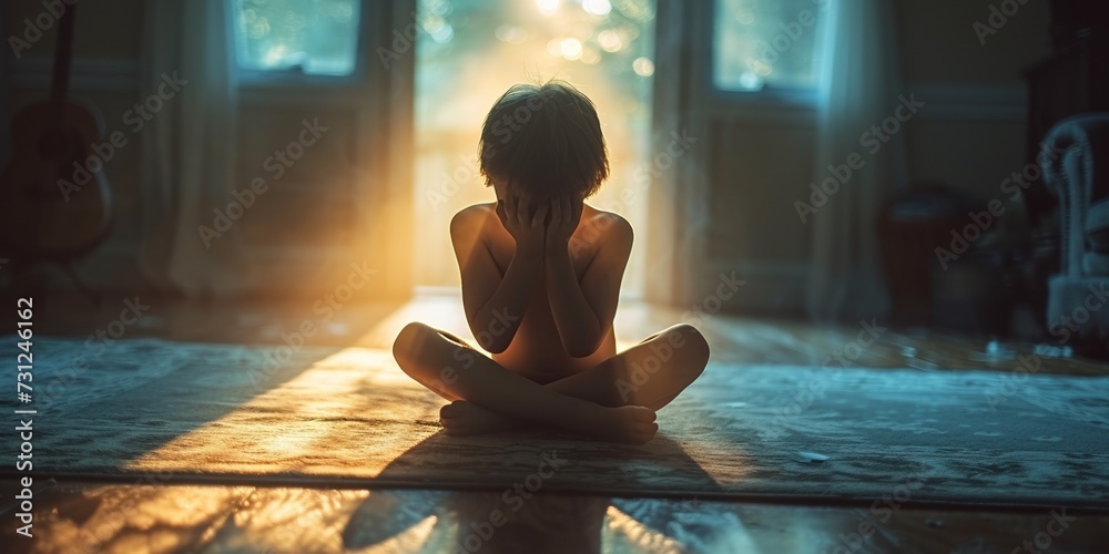 An unclothed child sits alone, covering face, crying in despair ...