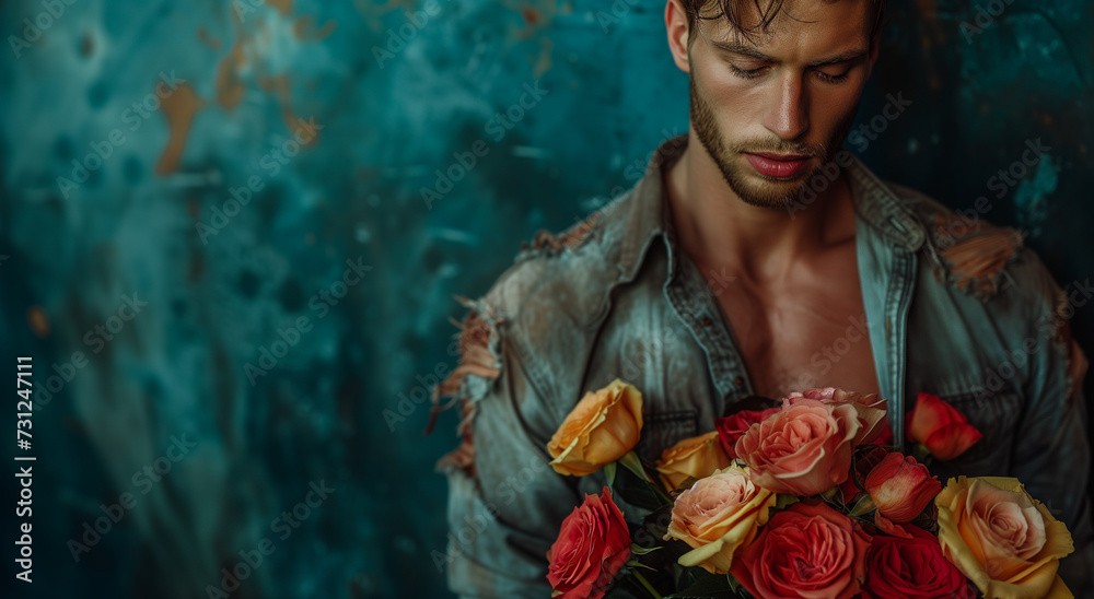 Pensive man with a bouquet of peach roses, moody aesthetic for ...