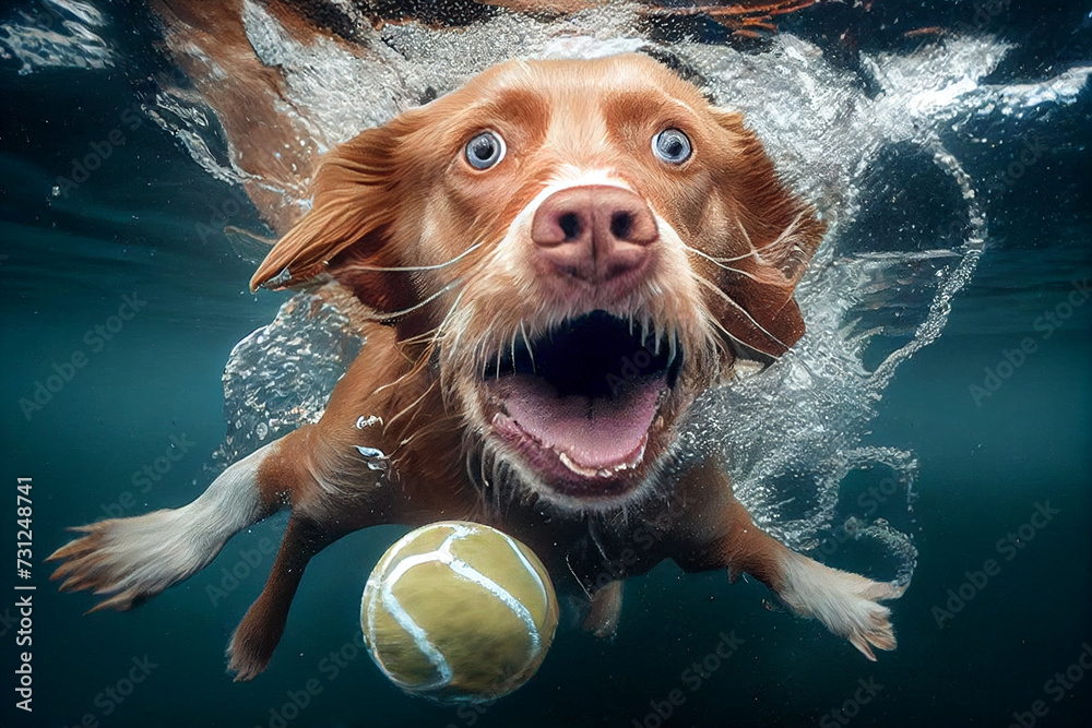 Playful puppy in swimming pool has fun. Dog jump, dive underwater to ...