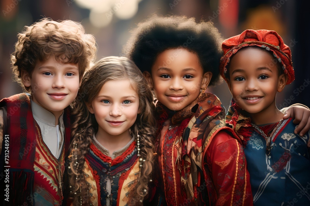 The group of children is culturally diverse with charming traditional ...