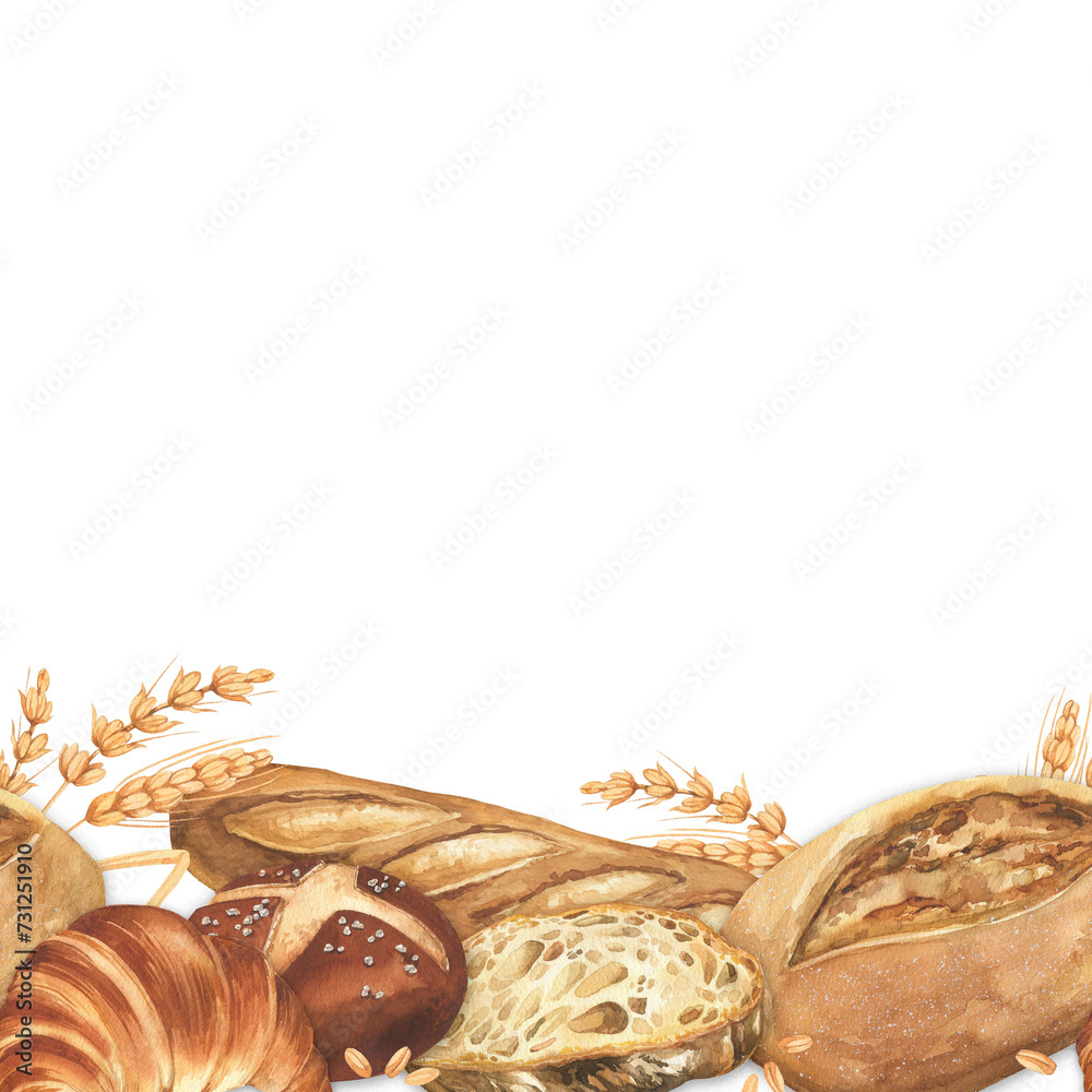 Watercolor bread, bun and croissant. Cooking set. Watercolor hand drawn ...