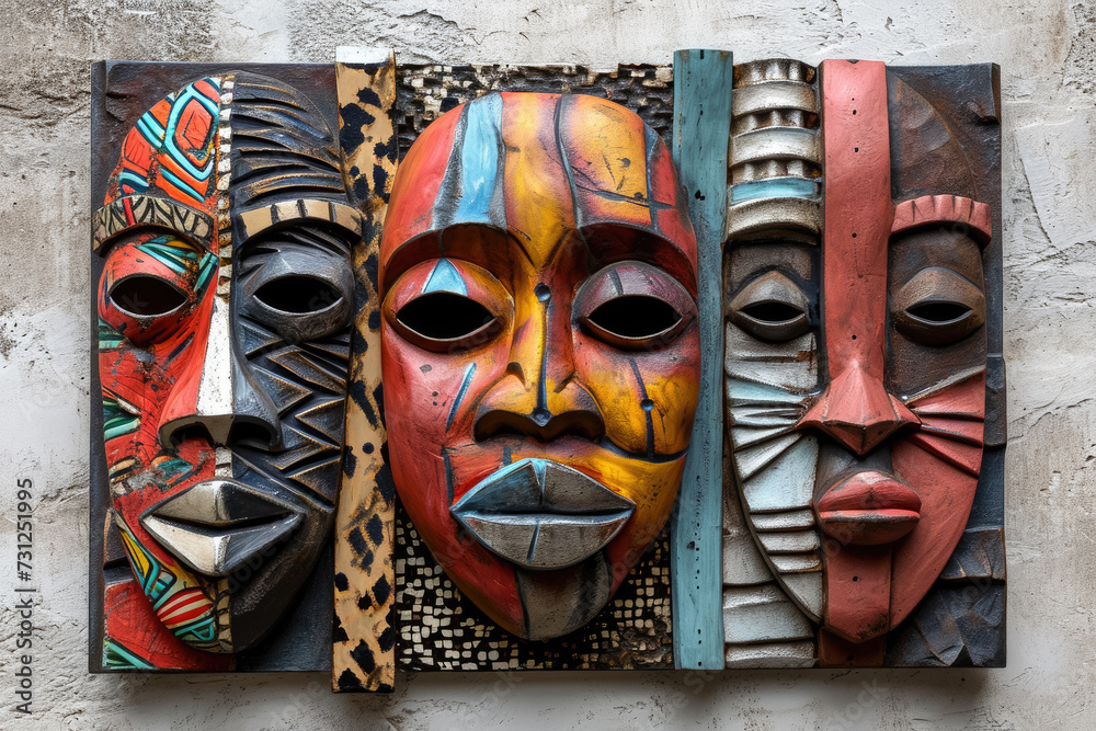 Design a relief sculpture inspired by African tribal masks, with bold ...