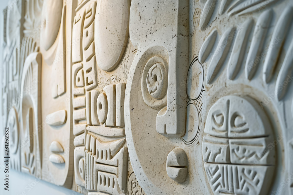 Imagine a relief sculpture inspired by ancient hieroglyphics, with ...