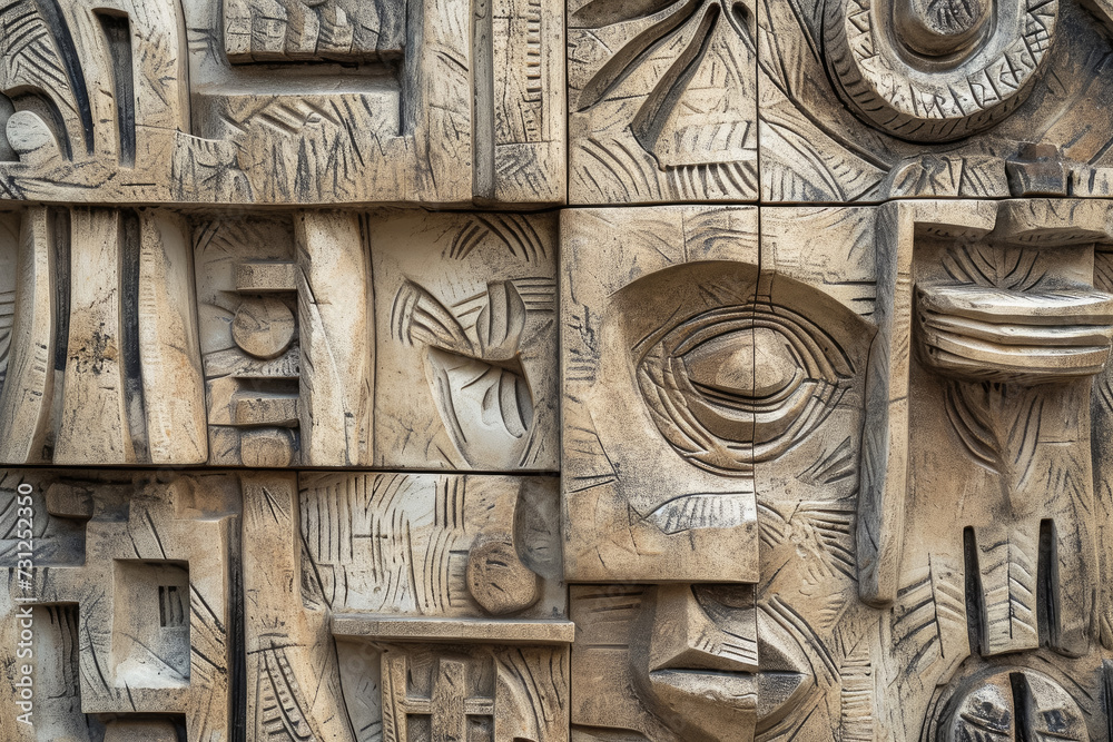 Imagine a relief sculpture inspired by ancient hieroglyphics, with ...