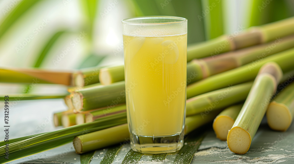 Fresh squeezed sugar cane juice with sugar cane plantation farming ...
