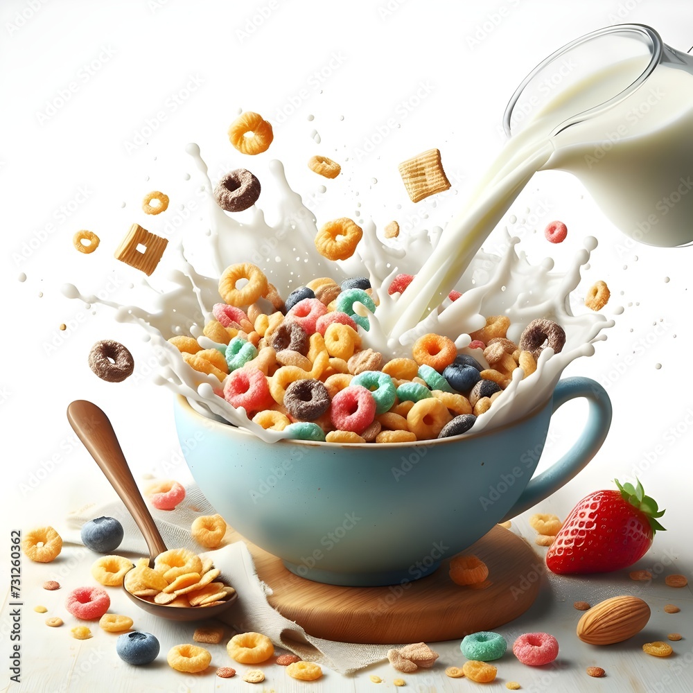 Milk falling into a bowl full of breakfast cereal, breakfast, meal ...