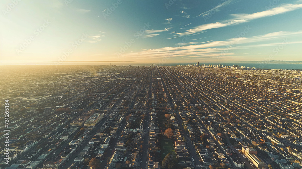 sprawling metropolitan area expanding into the horizon, with detailed ...