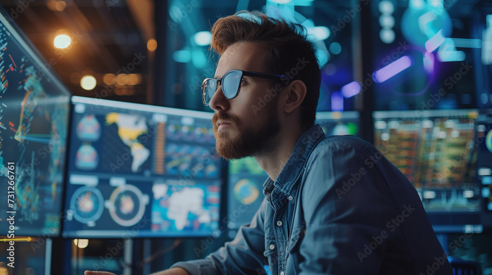 tech professional wearing smart casuals, working on multiple screens in ...