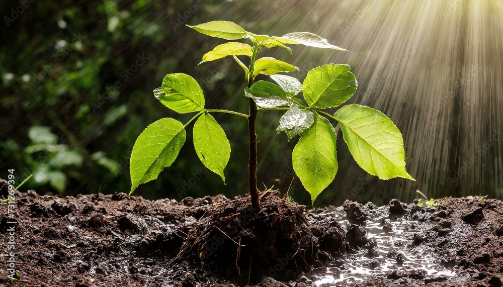 Small green new tree sprouting from brown soil to reach photosynthesis ...