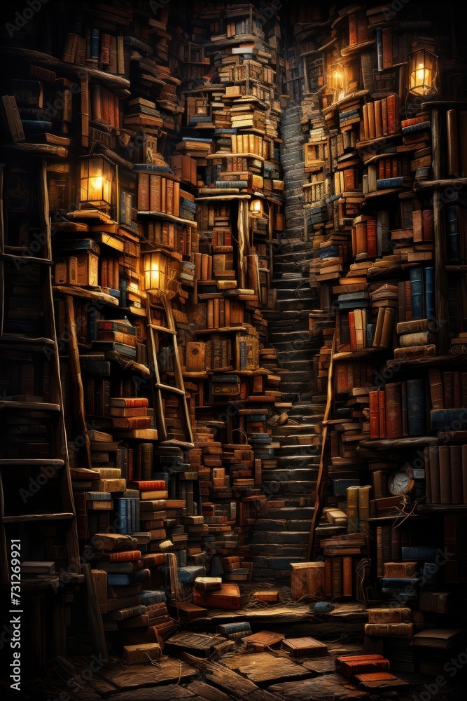 Enchanting library with towering bookshelves and stone staircase lit by ...