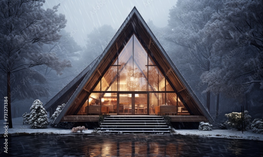 Timber cabin made from oak wood, with pitched roof and refined ...