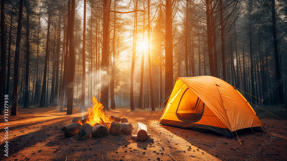 Cozy camping scene in a forest with a tent, campfire, and the golden ...