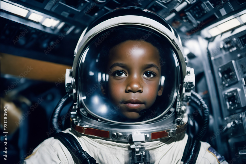 Astronaut kid. African american child wearing astronaut suit in ...