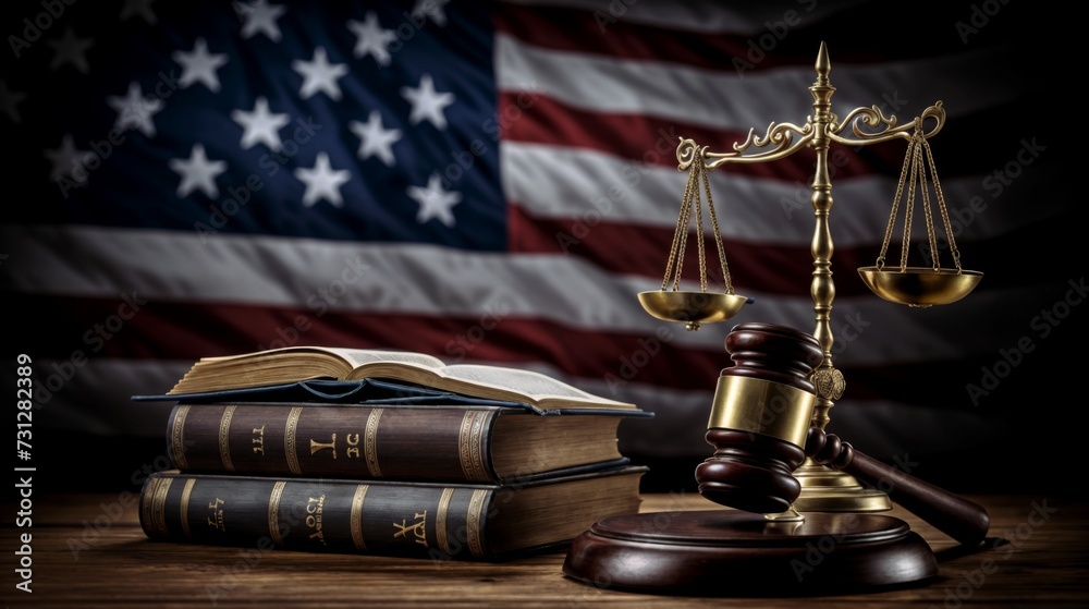 An evocative image featuring the American flag backdrop with a judicial ...