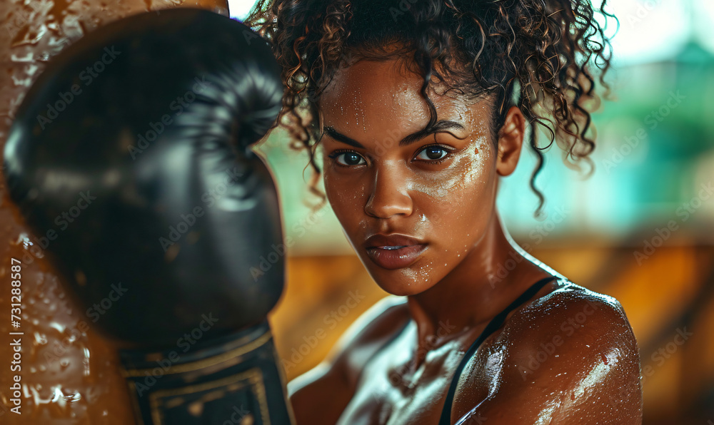 A close-up of a beautiful athletic black woman boxing and hitting a ...