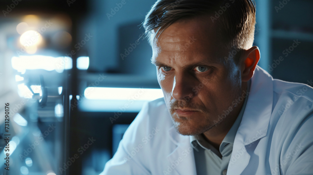 A brilliant scientist engrossed in his research, his eyes filled with a determined focus. Neatly ...