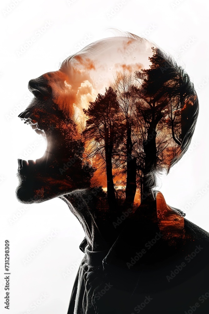 Skull with open mouth in double exposure of old man and forest fire ...