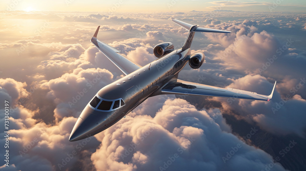 A stunning mockup of a luxury private jet soaring through the clouds ...