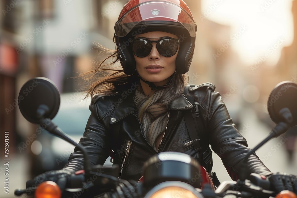 A badass biker chick straddles her motorcycle, her leather jacket and ...