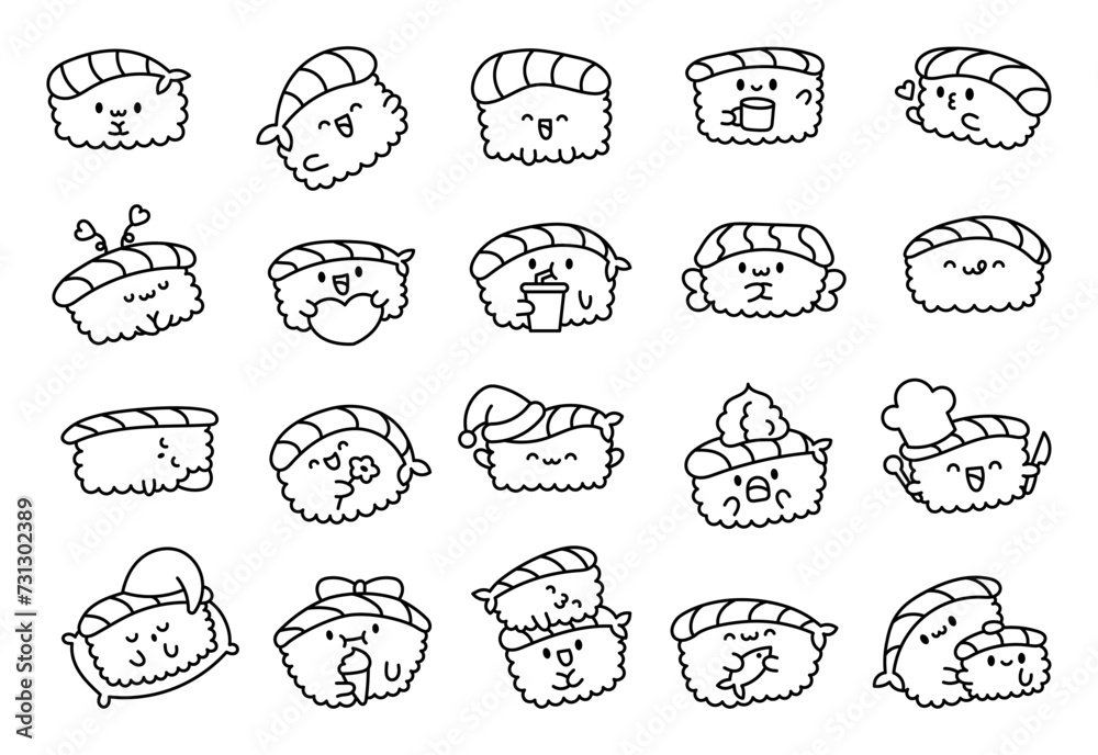 Funny kawaii sushi with cute faces. Coloring Page. Japanese traditional ...