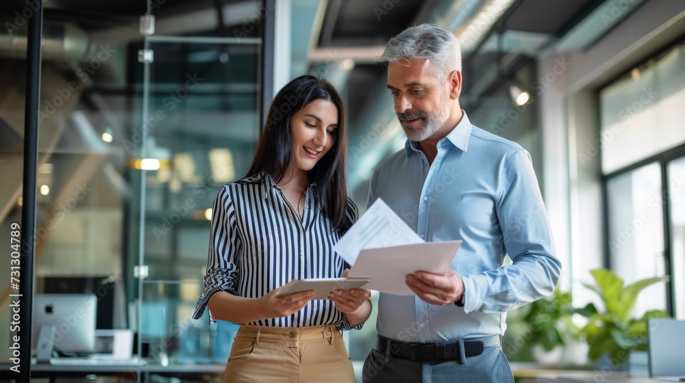 two professional happily engaging in a conversation, with one holding a ...